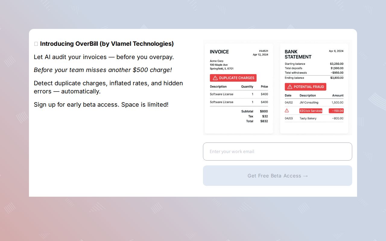 OverBill by Vlamel — AI Invoice Audit for Overcharges & Duplicates